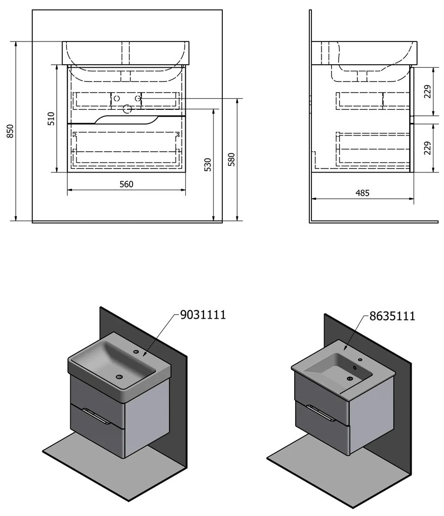 Sapho MEDIENA umyvadlová skříňka 57x50,7x48,5cm, bílá mat/dub graphite MD061
