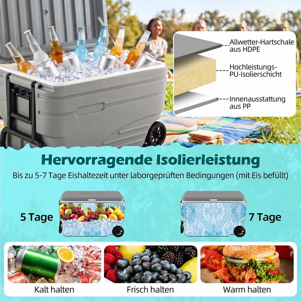Costway Přenosný chladicí box na kolečkách Izolovaný box odolný vůči