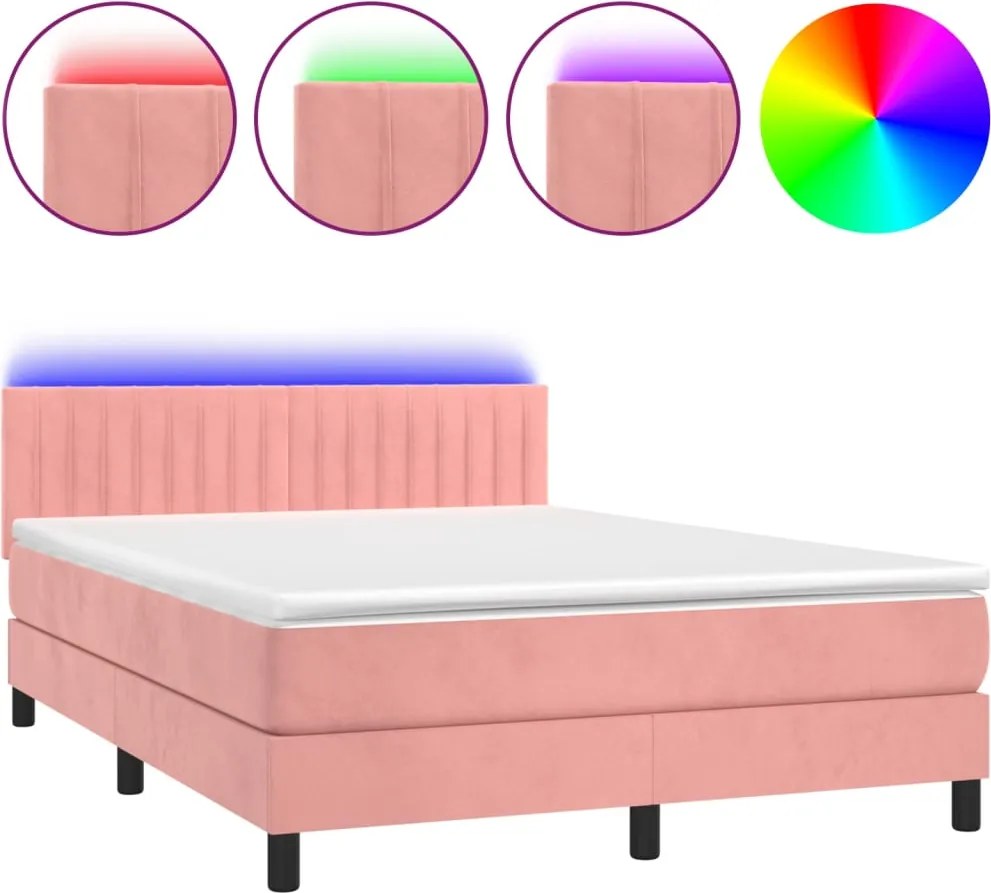Box spring postel s matrací a LED růžová 140x190 cm samet 3134524