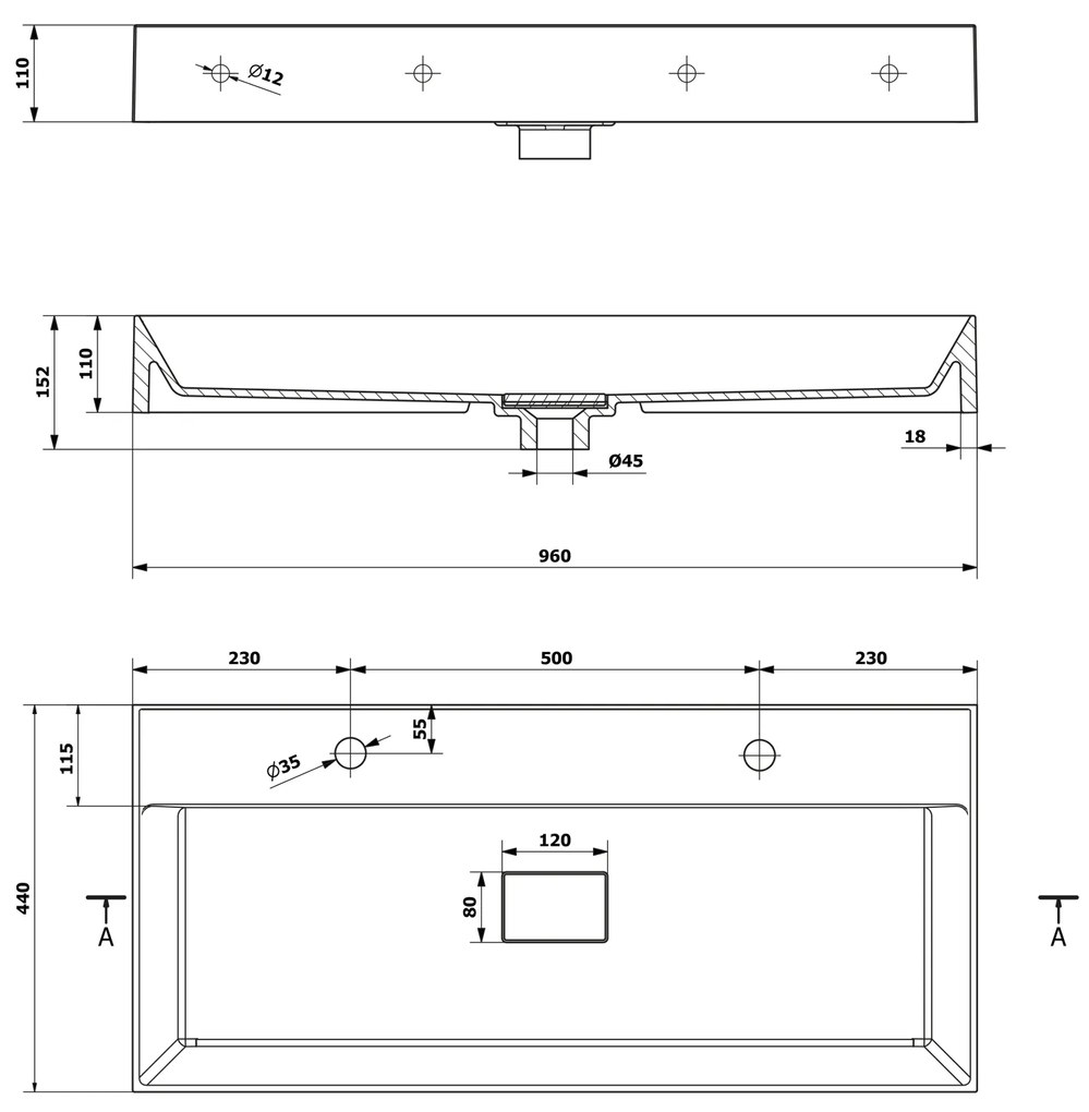 Sapho Sapho, GODIVA umyvadlo, litý mramor, 96x44cm, 2 otvory pro baterie, bílá, GU096-2