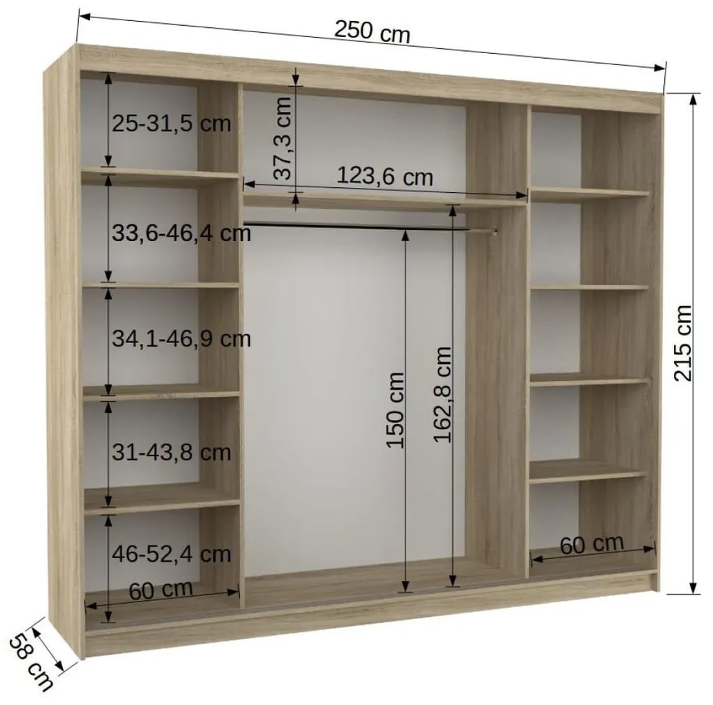 Šatní skříň s posuvnými dveřmi Baltimore - 250 cm Barva: Bílá