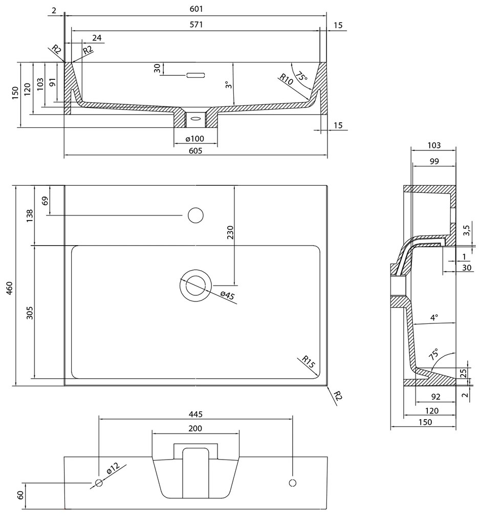 Sapho Sapho, AQUATIC umyvadlo, litý mramor, 60x46cm, bílá, AT060