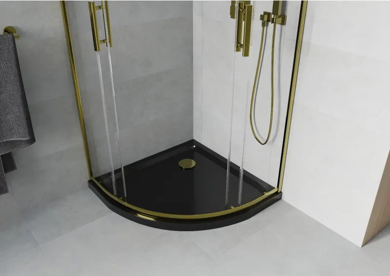 Mexen Rio, čtvrtkruhový sprchový kout s posuvnými dveřmi 90 (dveře) x 90 (dveře) x 190 cm, 5mm čiré sklo, zlatý profil + černá sprchová vanička SLIM, 863-090-090-50-00-4170G