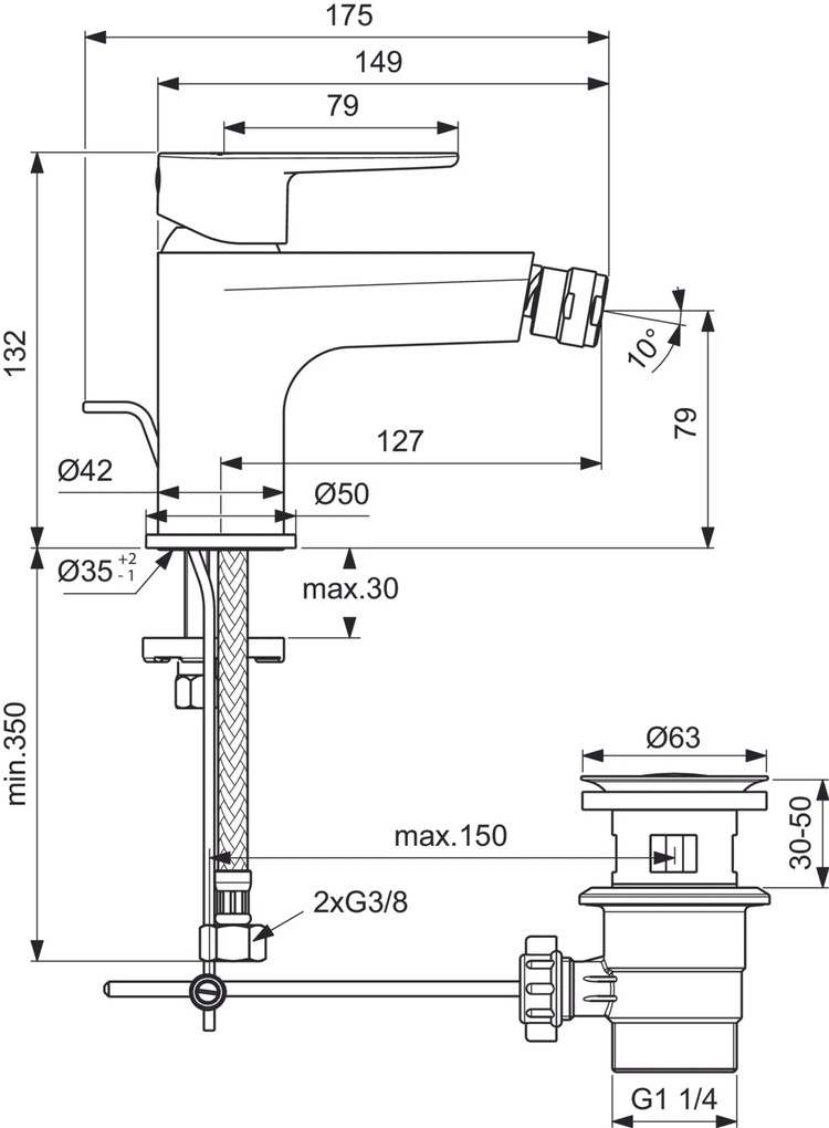 Ideal Standard CeraFine O - Bidetová baterie s plastovou odtokovou garniturou, chrom BC498AA