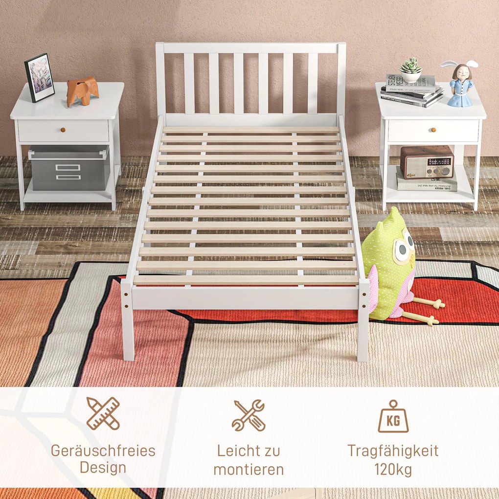 Dřevěný rám postele HOMCOM 208 x 96 cm s lamelovým roštem a čelem, elegantní rám jednolůžka do ložnice v bílé barvě