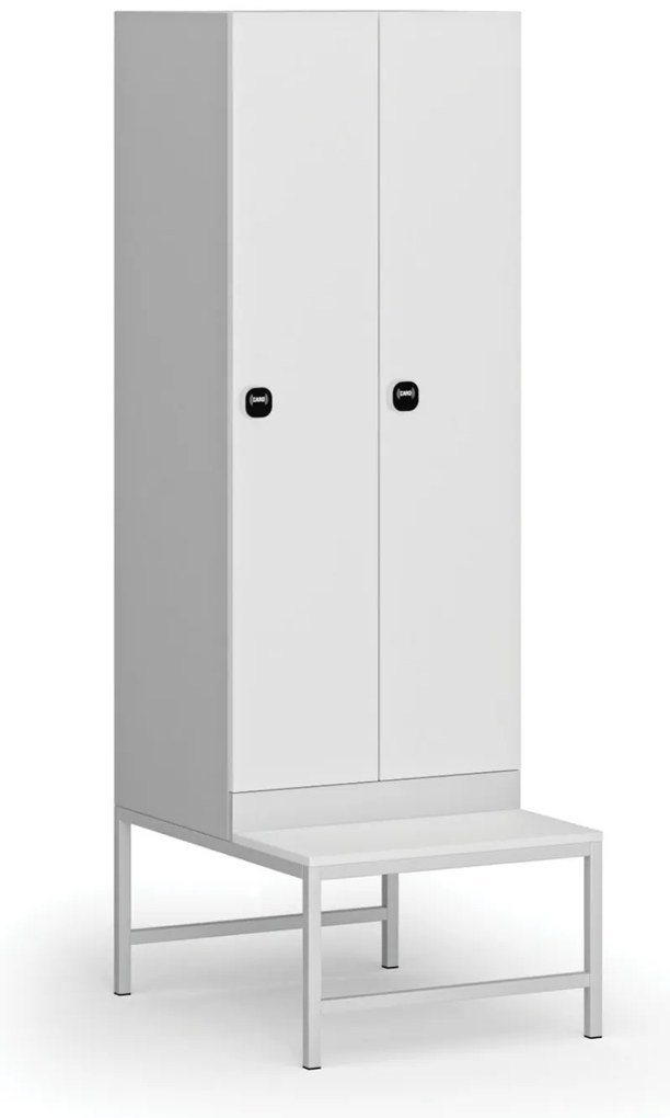 Šatní skříňka S1 s lavičkou, 2 oddíly, 1875 x 600 x 500/800 mm, RFID zámek, laminované dveře, bílá