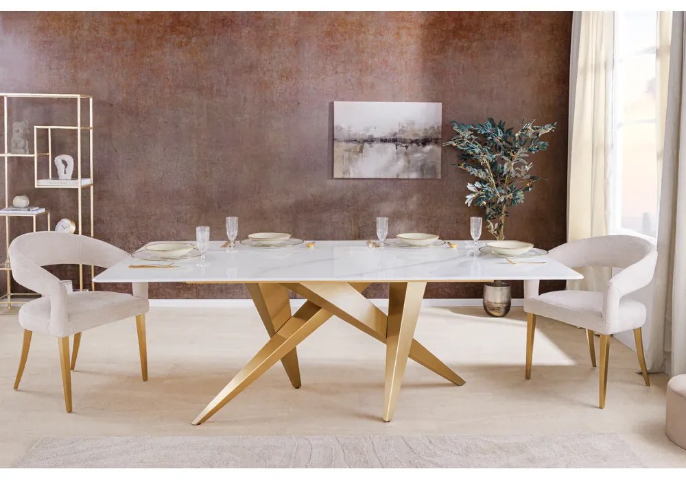 Massive home | Jídelní stůl ART MARBLE 200 cm - keramická deska z bílého mramor/ zlatá/šampaňské