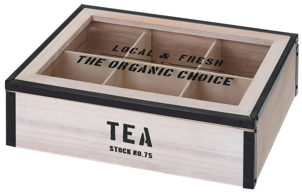 Dřevěný box na čaj, 6 přihrádek - přírodní dřevo