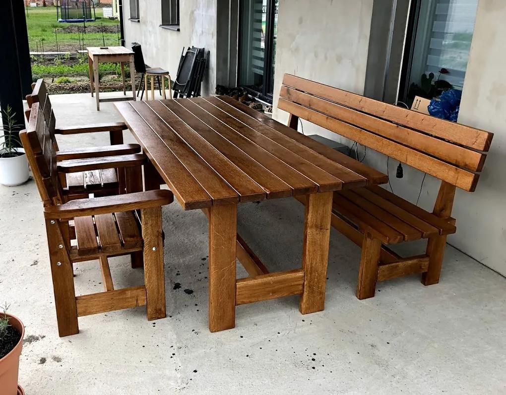 KULHÁNEK Zahradní dubová sestava - stůl, 1x lavice s opěradlem, 2x křeslo (klasické provedení) Délka: 150 cm, Odstín nátěru: lazura - dub