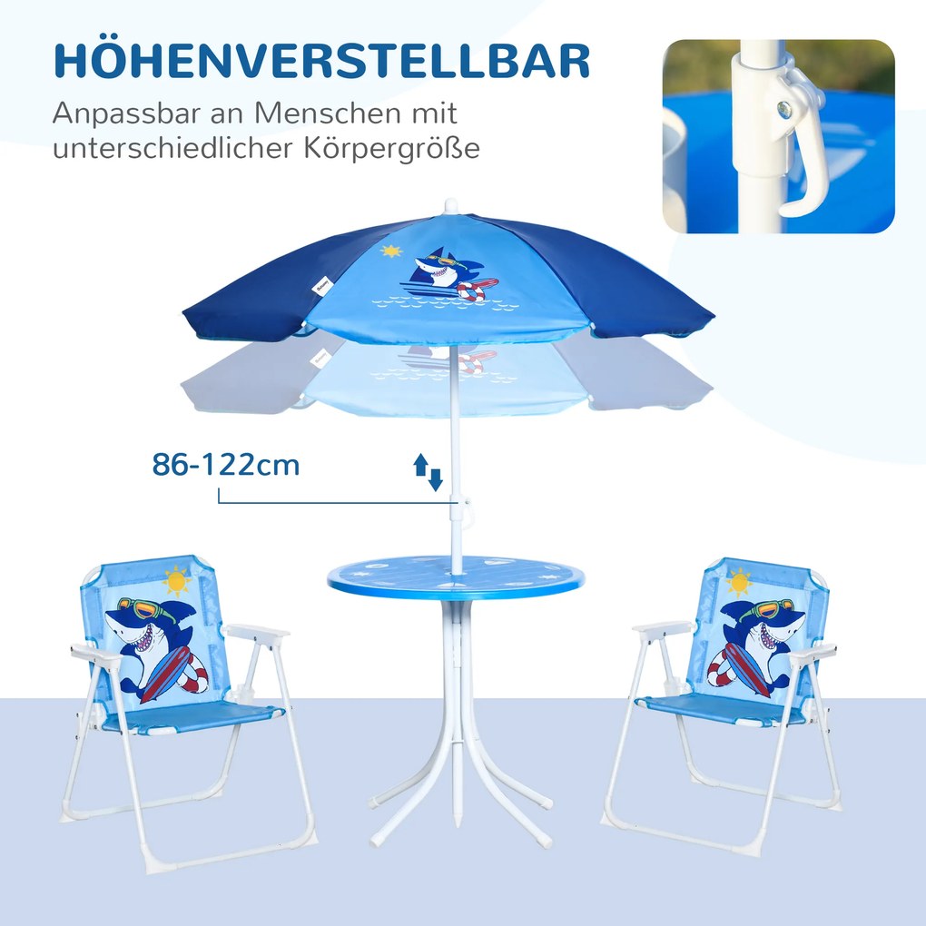 Outsunny 4dílná dětská zahradní sestava - stůl, 2 skládací židle a slunečník pro děti ve věku 3-6 let, modrá