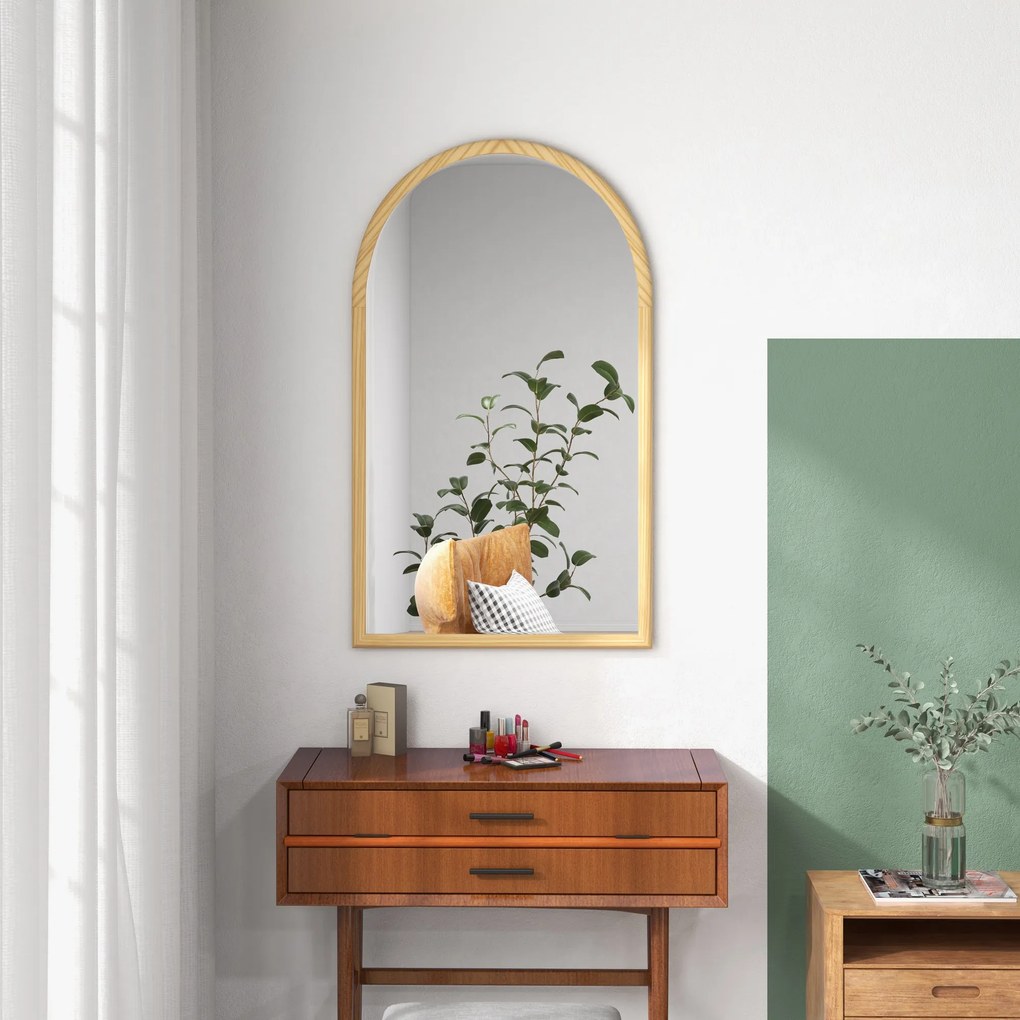 HOMCOM nástěnné obloukové zrcadlo, 110 x 65 cm, dřevěný rám, obloukové zrcadlo pro obývací pokoj, ložnici, vstupní prostor, přírodní dřevo