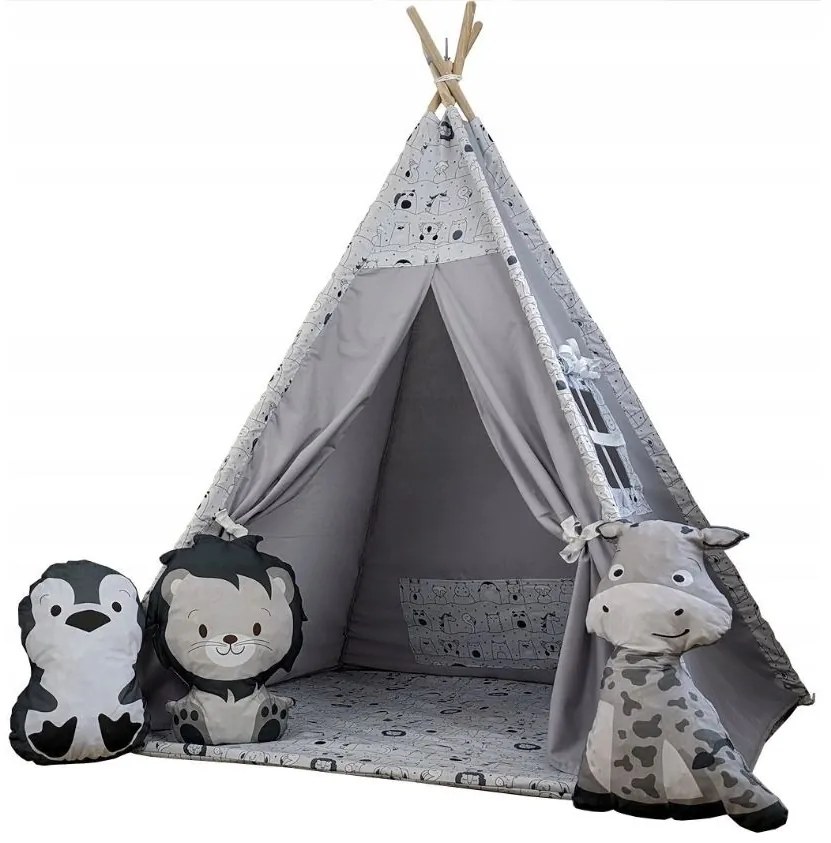 Dětský stan TEEPEE (TÝPÍ) ANIMALS s doplňky - MADAGASKAR - šedý