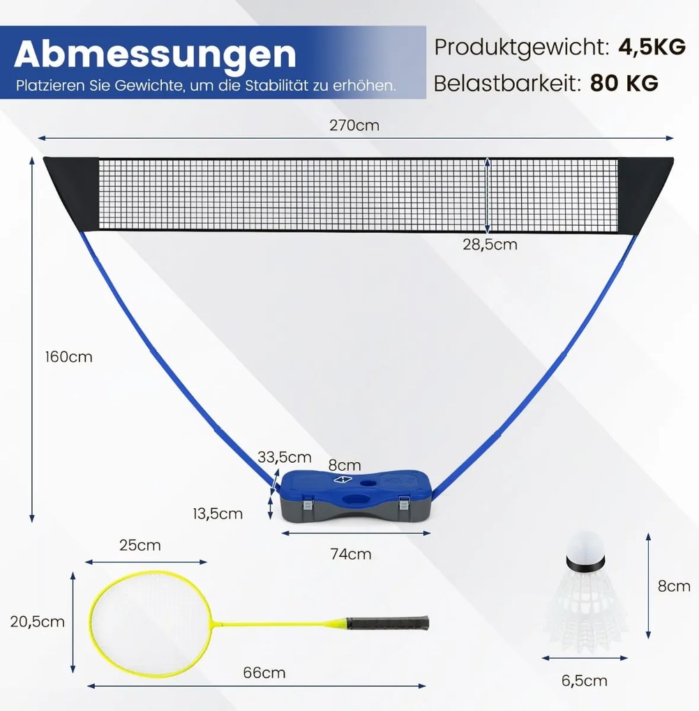 Costway Badminton Net Stand Přenosná hra s raketami Kompletní – černý