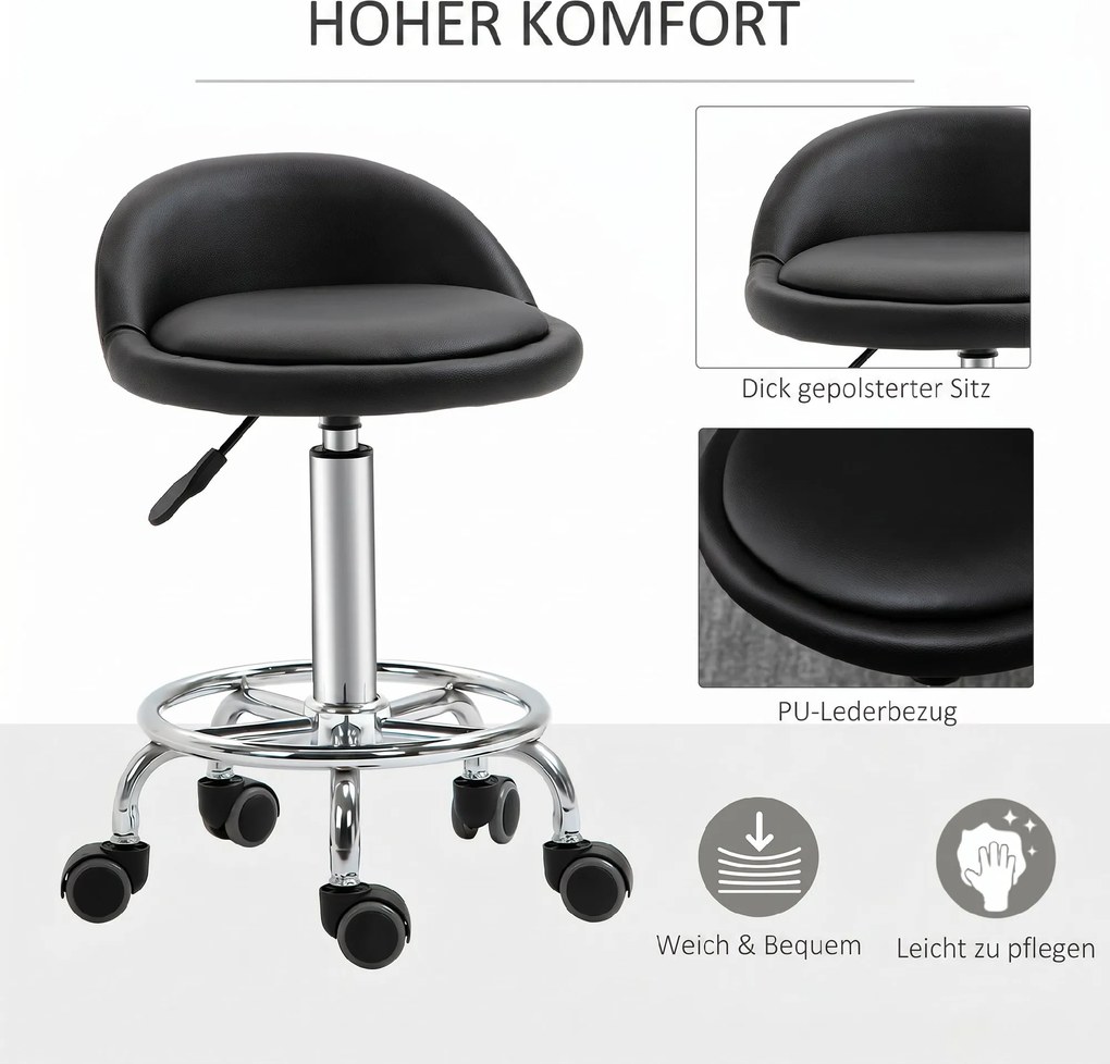 HOMCOM Set 2 otočných stoliček - pracovní stolička 360° - nastavitelná výška sedáku 47-62H cm, ergonomické opěradlo - chromovaná ocel s černým syntet…