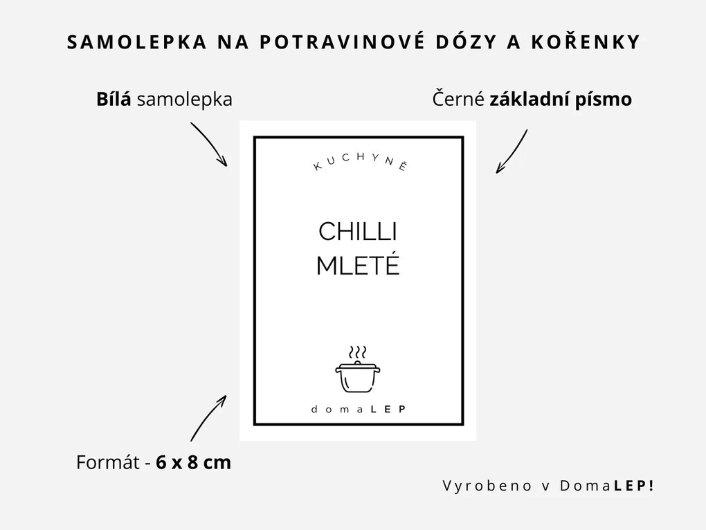 CHILLI MLETÉ - omyvatelná samolepka na kořenky, výběr rozměrů Ø 5 cm / 5 x 5 cm / 6 x 8 cm | DomaLEP tvar: KOLEČKO, barva: BÍLÁ - ČERNÉ písmo, velikost: Ø 5 cm - základní písmo