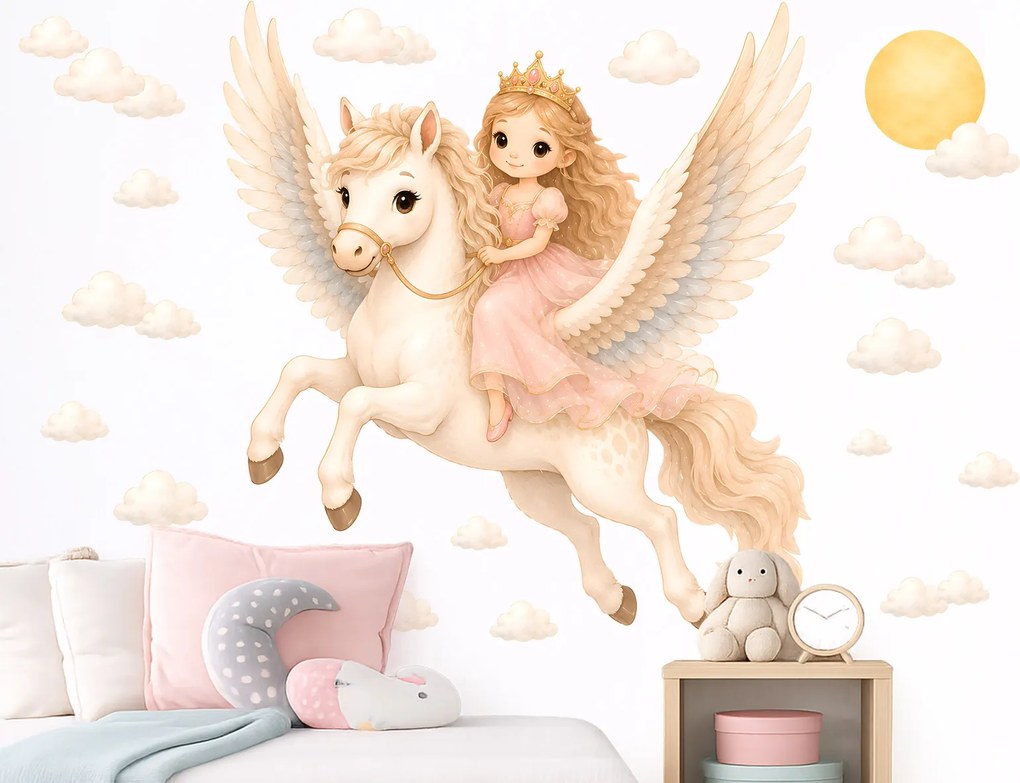 Princezna na Pegasovi dívčí samolepky na zeď arch 42 x 45 cm