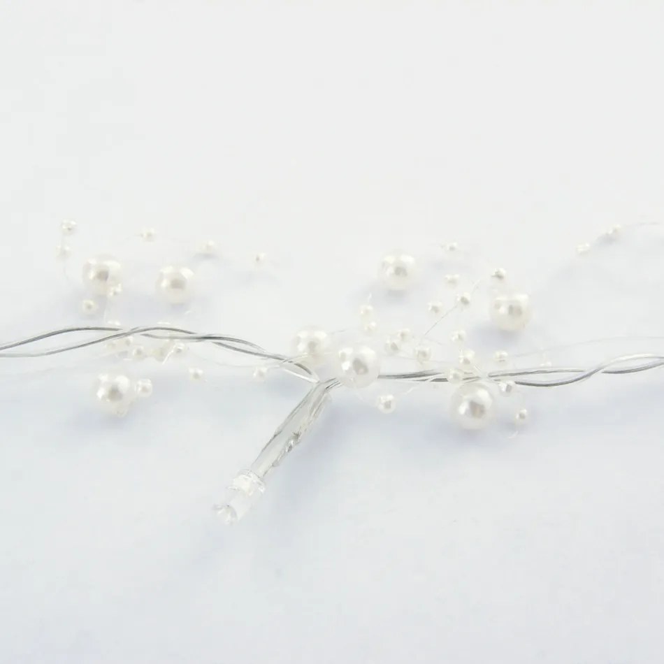 LED světýlka na baterie, bílé perly, 1,3 m, teple bílá, 10 diod, čirý kabel, IP20 interiér, 2,× AA
