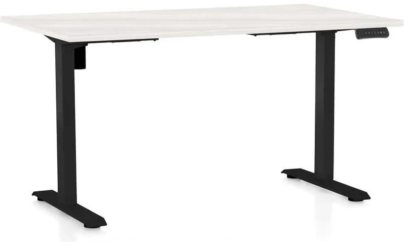 Výškově nastavitelný stůl OfficeTech B, 140 x 80 cm, černá podnož, bílý jasan