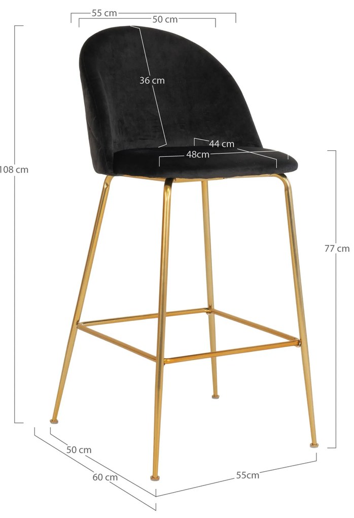 Sametová barová židle Louis černá/mosazná