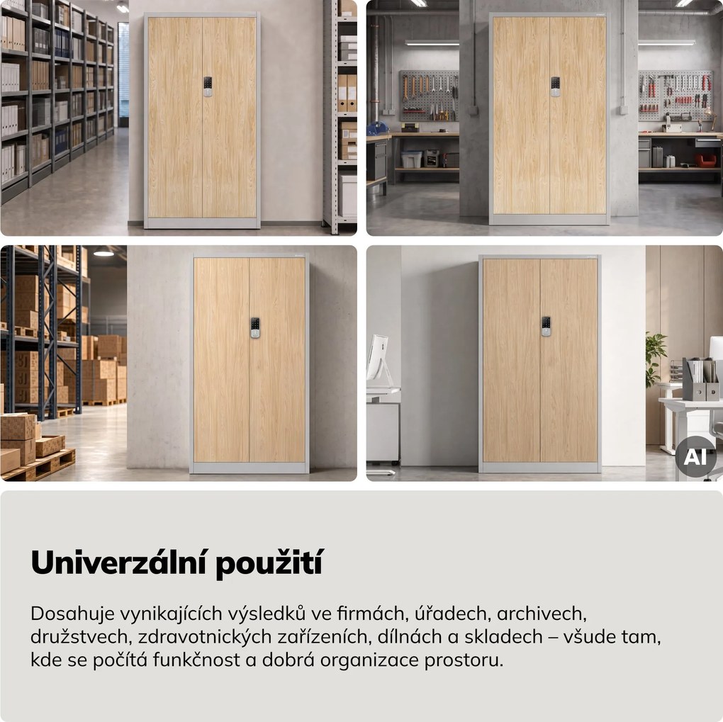 Kovová kancelářská skříň se zámkem na kód šedá, dub sonoma, 900x1850x400 mm: DANIEL Eco Design