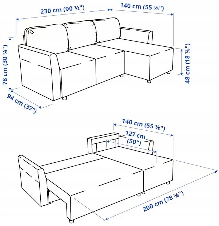 IKEA BRISSUND 3-místná rozkládací pohovka s lenoškou, Hakebo tmavě šedá