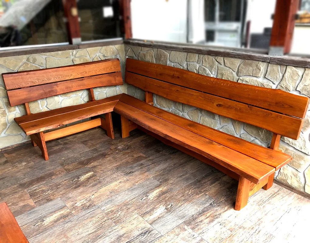 KULHÁNEK Zahradní rohová lavice - rustikální Odstín nátěru: lazura - pinia, Délka levé strany: 300 cm, Délka pravé strany: 180 cm