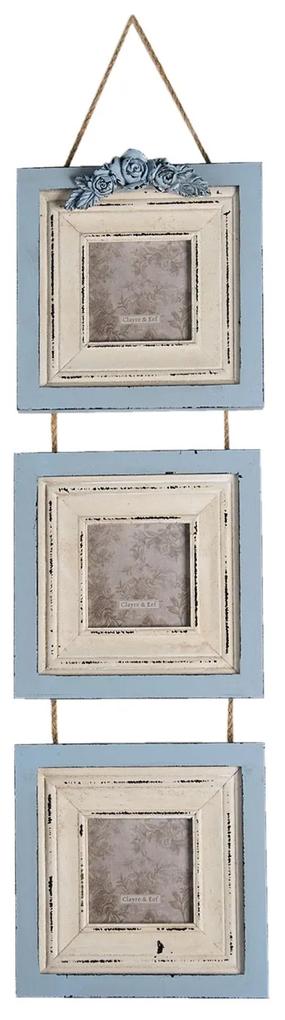 Závěsný modro-krémový fotorámeček na 3 fotografie  - 16*3*61 cm / 7*7 cm