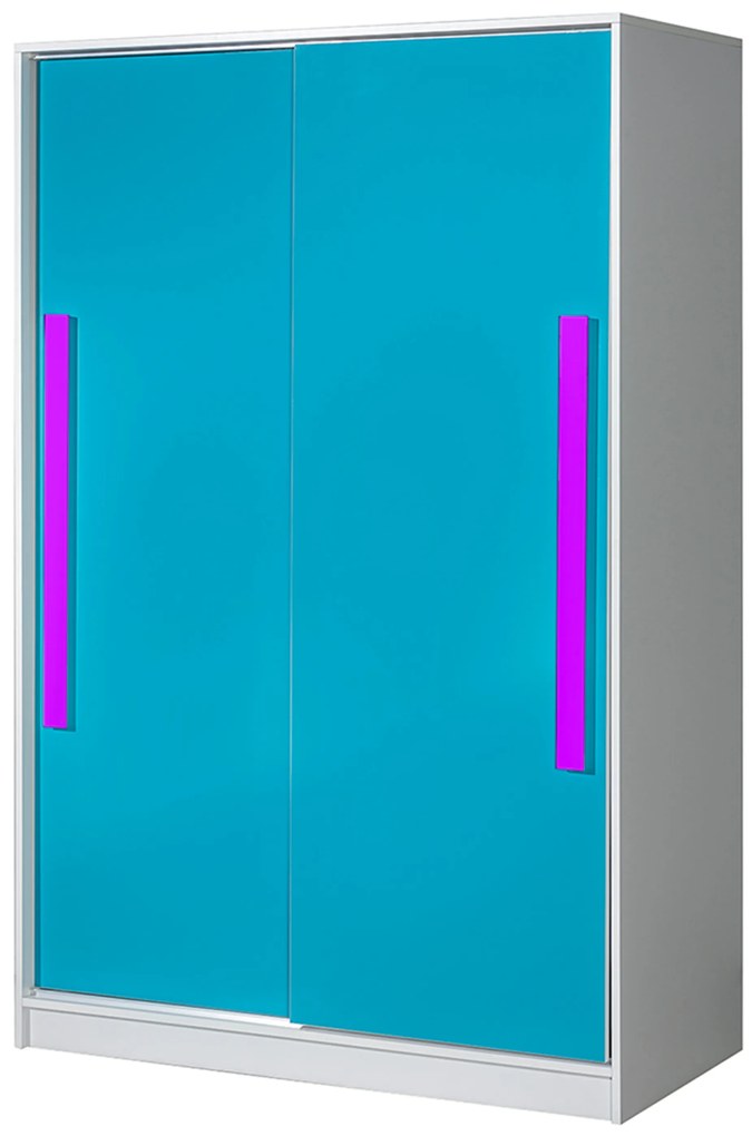 Šatní skříň s posuvnými dveřmi GULIVER 12 Domel 120/191/60 barva: bílý mat/růžový lesk/modré úchyty