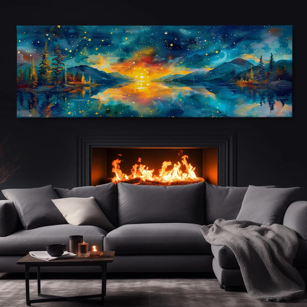 Obraz na plátně - Hvězdná noční obloha nad jezerem FeelHappy.cz Velikost obrazu: 150 x 50 cm