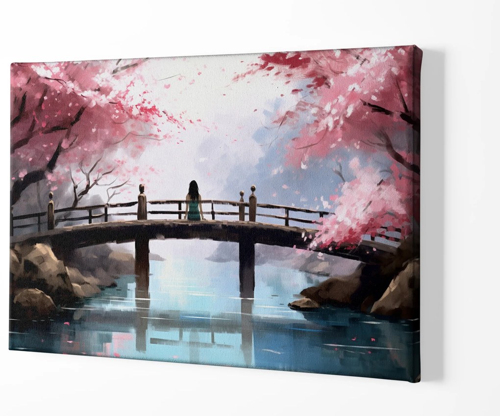 Obraz na plátně - Meditace, žena na mostě mezi Sakurami FeelHappy.cz Velikost obrazu: 150 x 100 cm