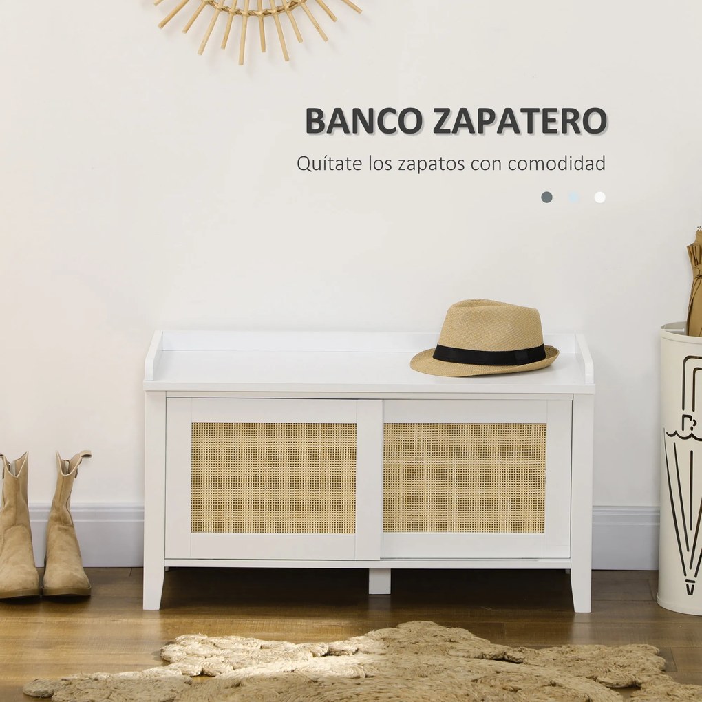 HOMCOM Botník se Sedadlem, Botový Kabinet se Sedací Ploché 2 Ratanové Dveře, Bohemian Styl, Nosnost 130 kg, pro Předsíň, 80x35x45 cm Bílá a Přírodní