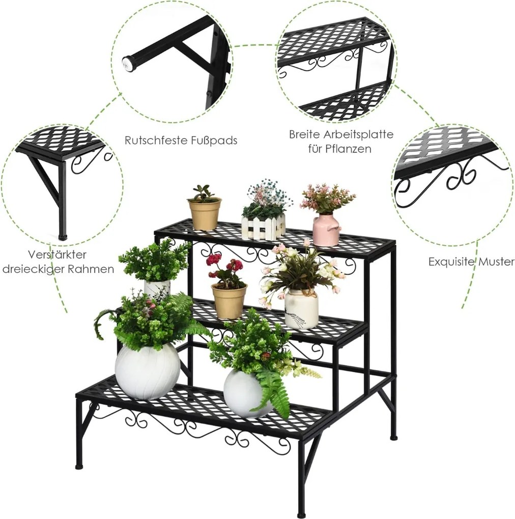 Costway Flower Rack 3-vrstvý kovový stojan na rostliny – 70 × 60 × 60 cm, černý