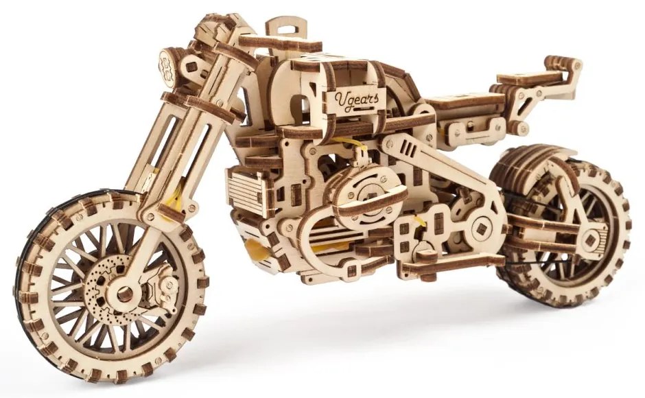 Ugears 3D dřevěné mechanické puzzle UGR-10 Motorka (scrambler) s vozíkem