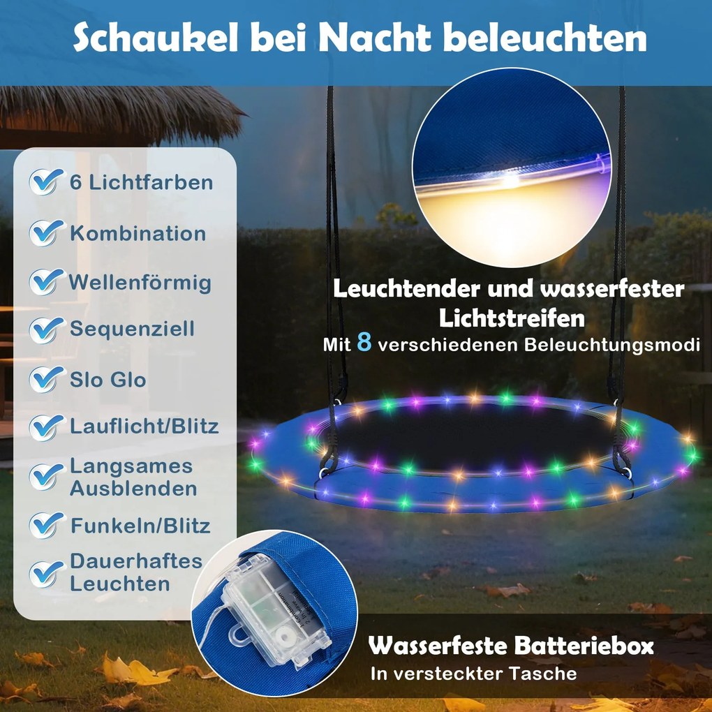Costway Houpačka hnízdo Ø100 cm LED osvětlení Nastavitelné lano do 150 kg