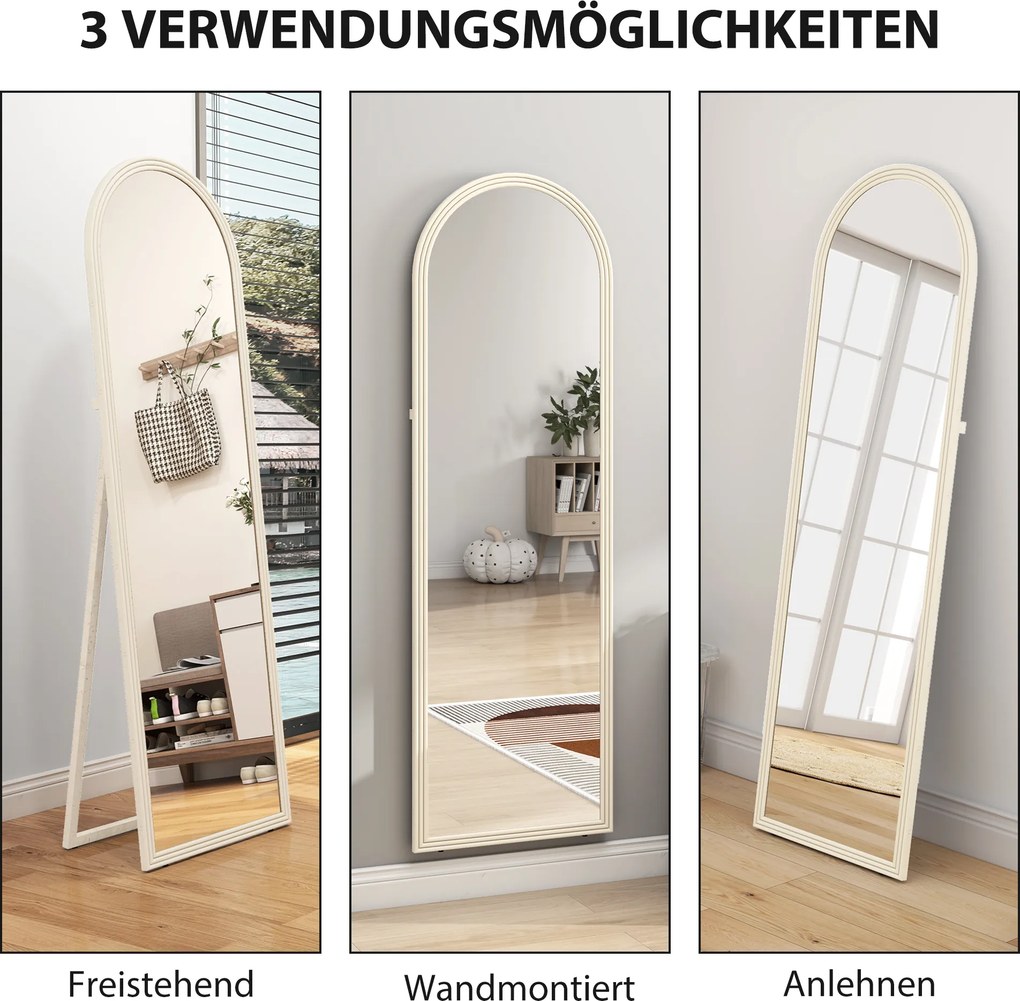 HOMCOM Zrcadlo na celou délku, 50 x 160 cm, volně stojící, montáž na zeď, obloukový rám, bílá
