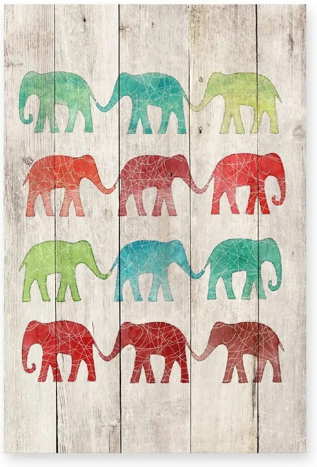 Dřevěná nástěnná dekorativní cedule Surdic Elephants Cue, 40 x 60 cm