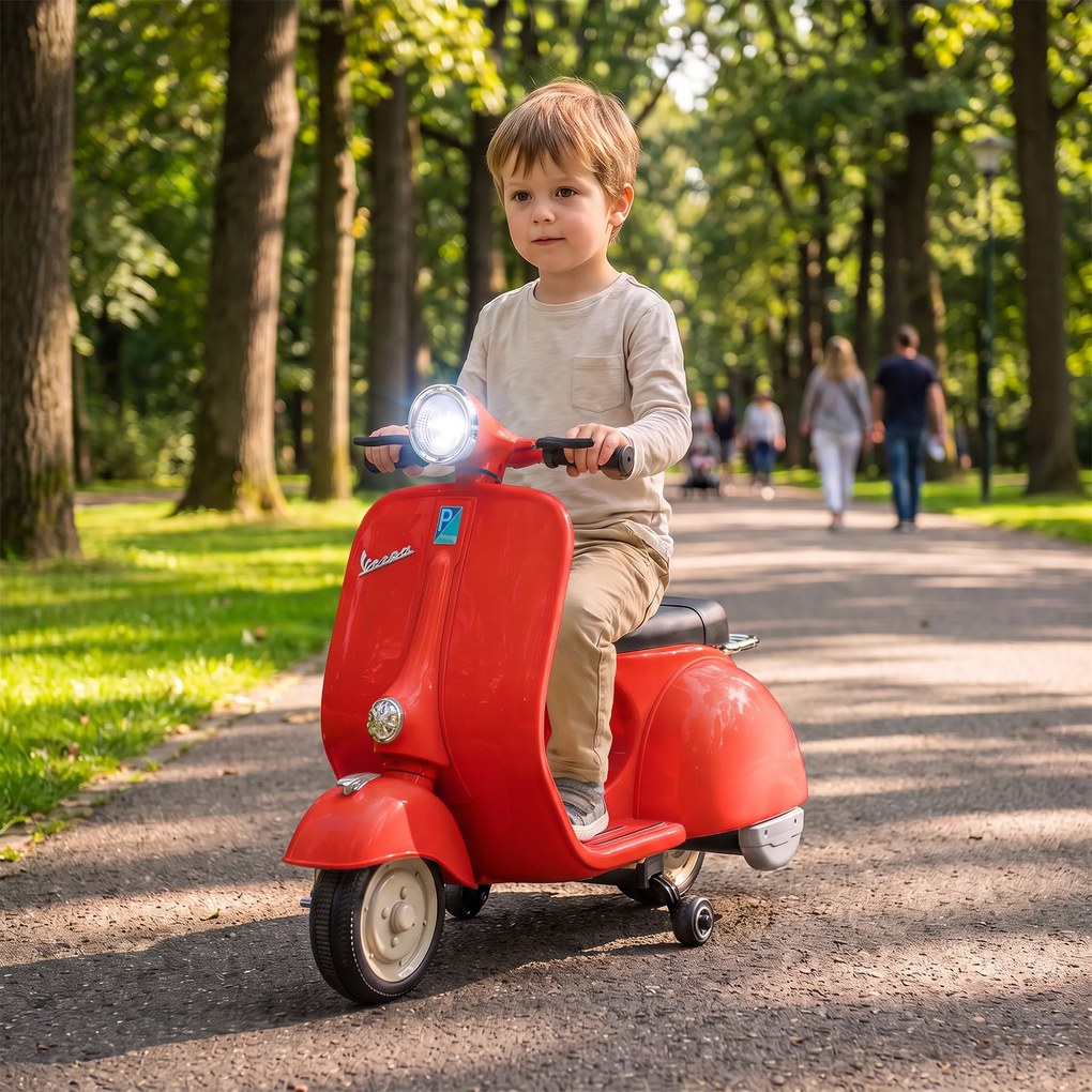 AIYAPLAY elektrická motorka pro děti od 3 let, licencovaná VESPA, 7,2 V, s odnímatelnými pomocnými kolečky, 3-5 km/h, max. 30 kg, červená