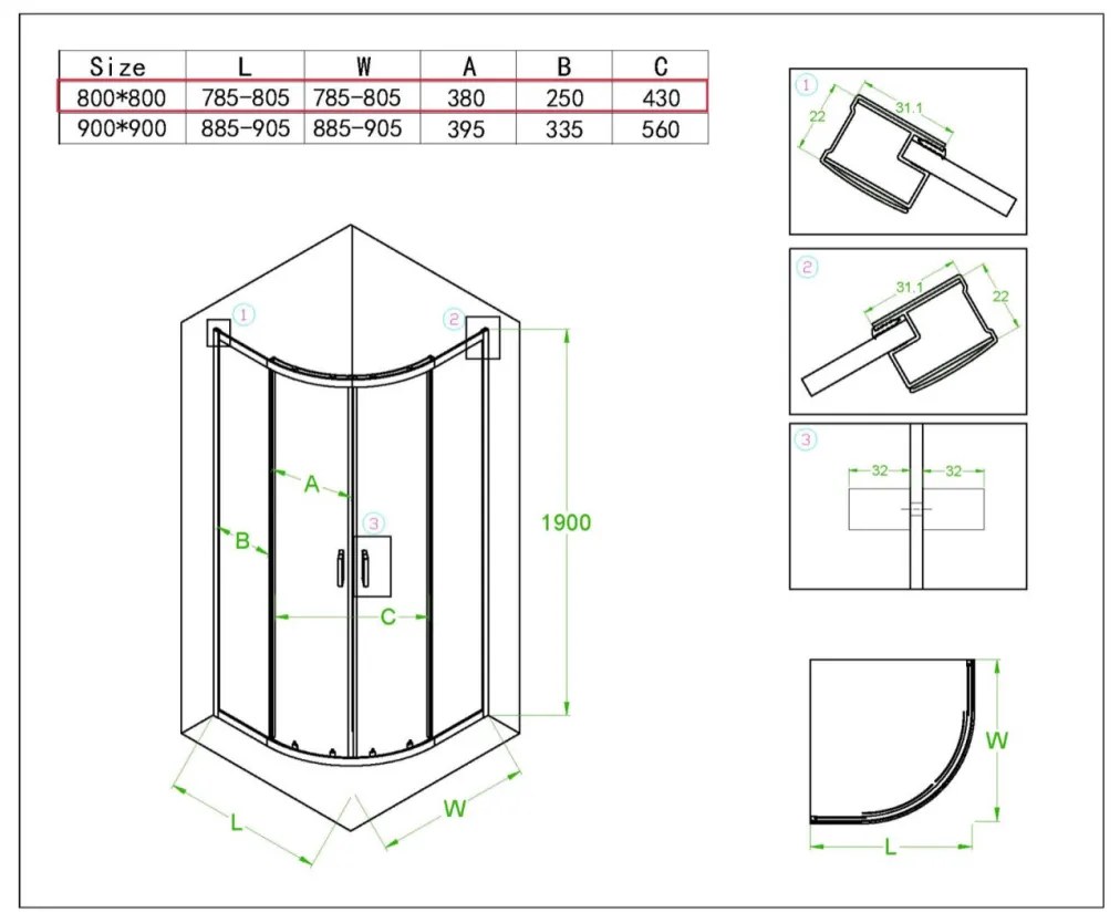 BPS-koupelny Čtvrtkruhový sprchový kout HYD-RK94A 80x80 cm chrom/transparent + vanička HYD-RSV-SXL01A bílá