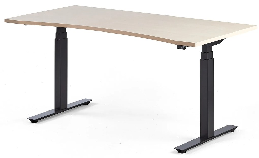 AJ Produkty Výškově nastavitelný stůl MODULUS, vykrojený, 1600x800 mm, černý rám, bříza