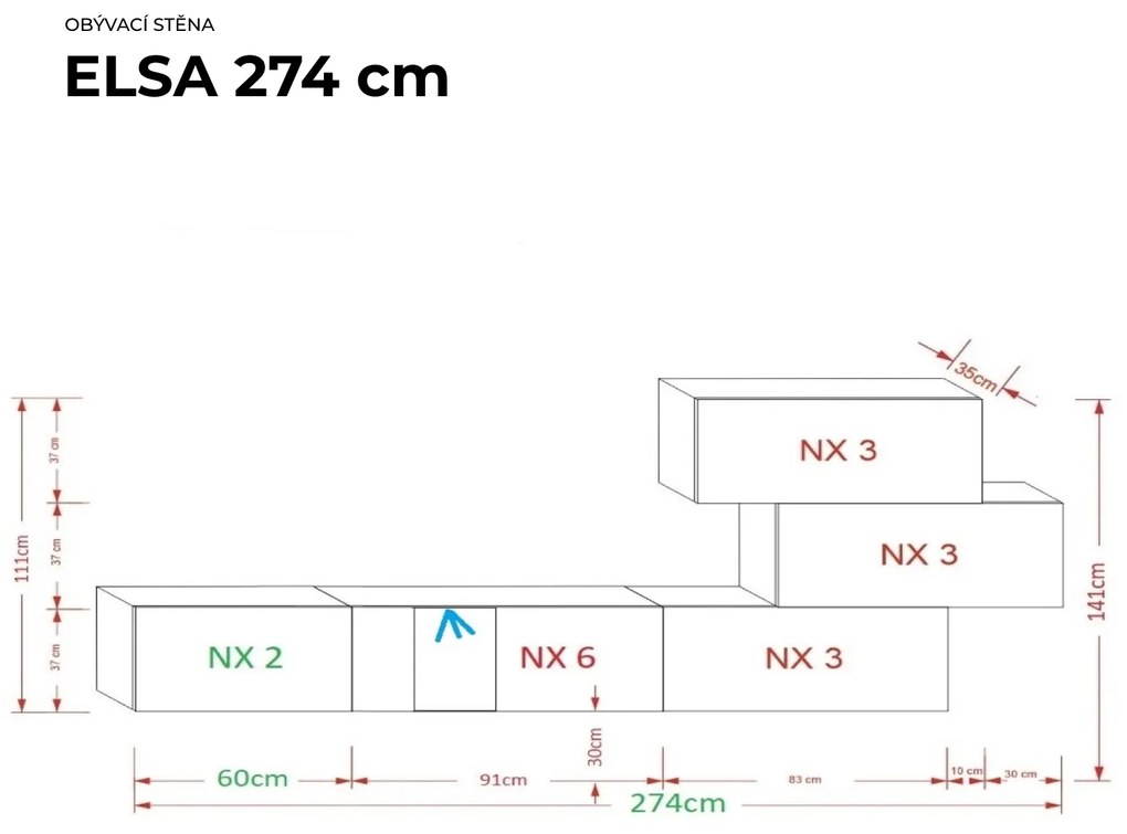Ral Obývací stěna ELSA 4, 274 cm - Bílý lesk