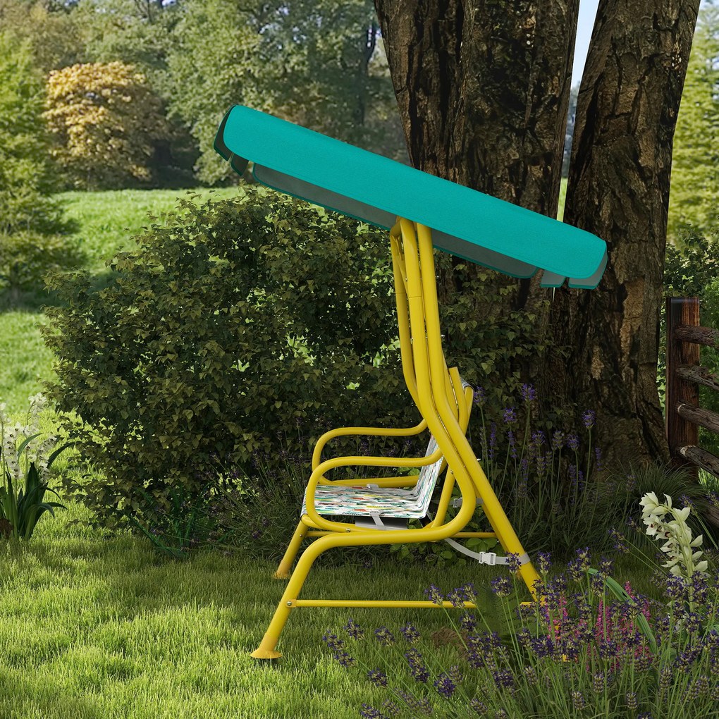dětská dvoumístná houpačka s nastavitelnou stříškou a bezpečnostním pásem pro děti od 3 do 6 let do 60 kg 112x75x120 cm Zelená
