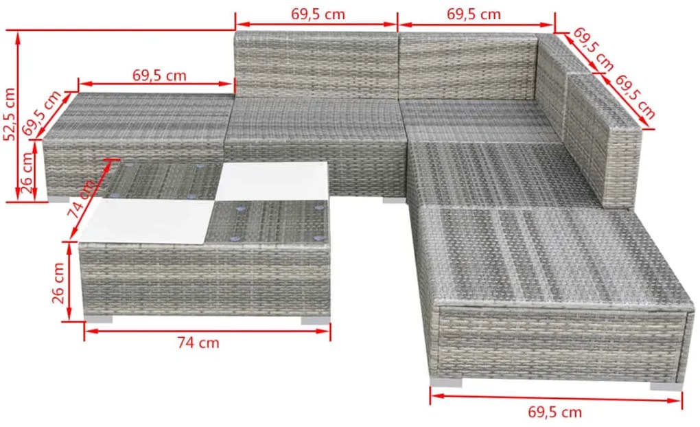 vidaXL Marketos 6dílná zahradní sedací souprava s poduškami polyratan šedá