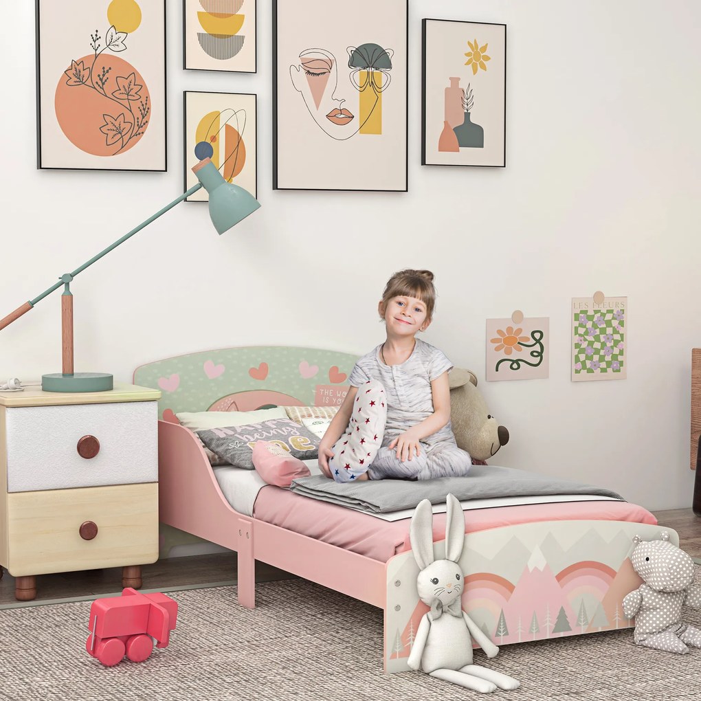 Dětská postel ZONEKIZ dřevěná 143x77x60 cm pro děti ve věku 3-6 let s bezpečnostními zábranami a potiskem Max. nosnost 40 kg Moderní růžový nábytek d…