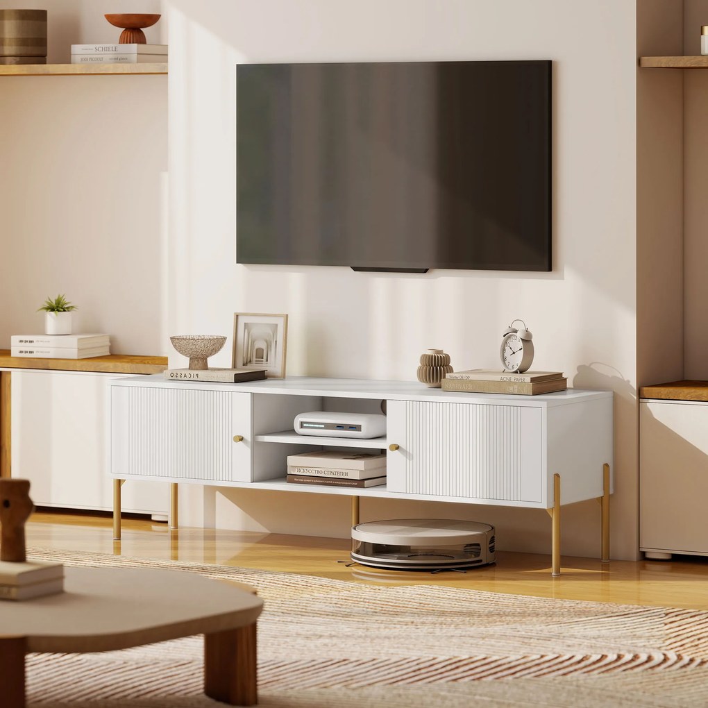 HOMCOM Moderní TV stolek – 2 dveře, 2 otevřené přihrádky, průchod pro kabely, pro TV až 65 palců, 140 x 38 x 45,9 cm, bílá