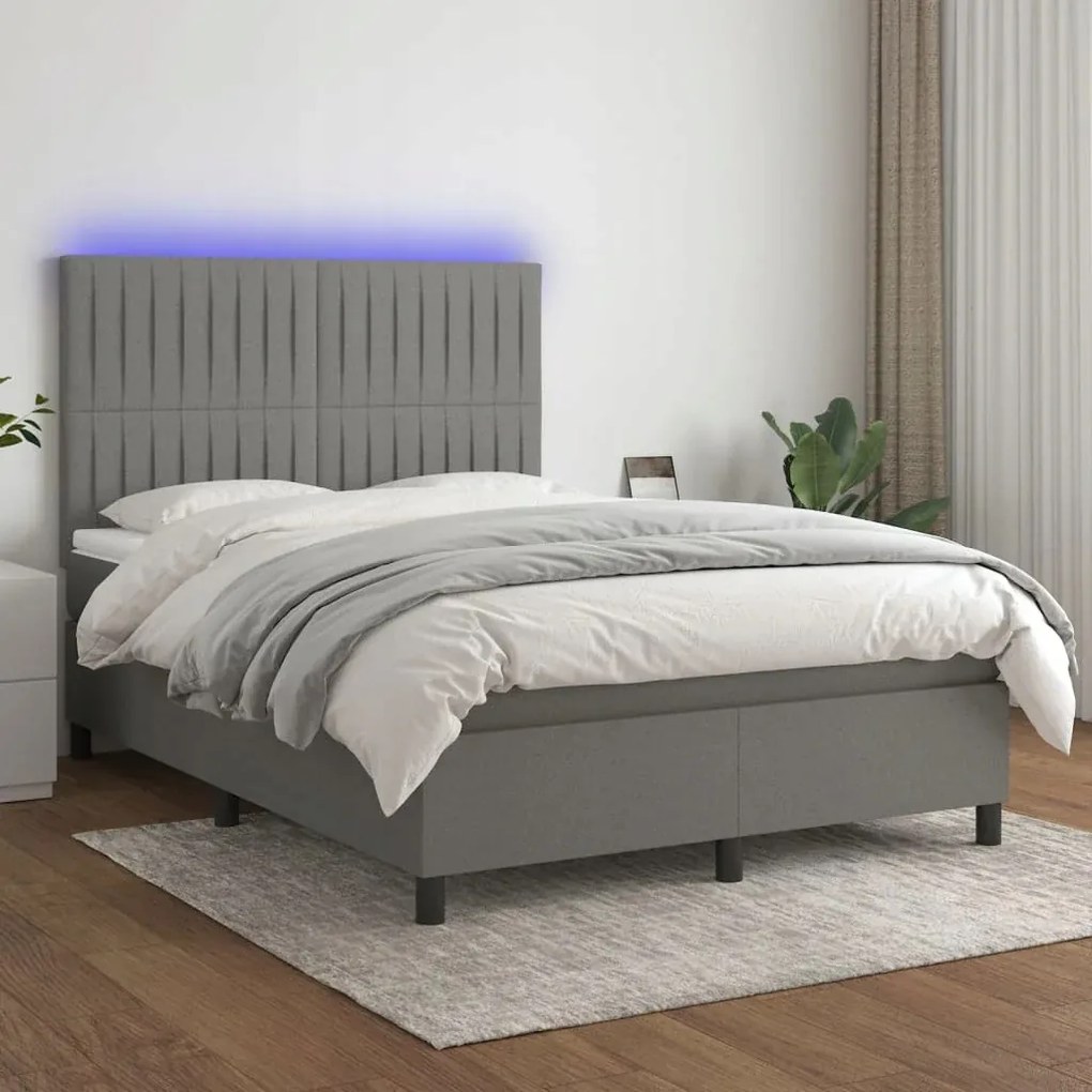 Box Spring Postel S Matrací A Led Textil Tmavě Šedá Svislé pruhy 140 x 20