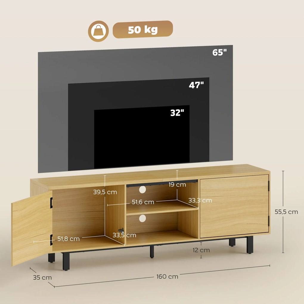 HOMCOM TV stolek 160 cm – pro TV do 165 cm (65 palců), 2 bezúchytková dvířka s push-to-open, 2 otevřené police, kovové nohy, přírodní dekor