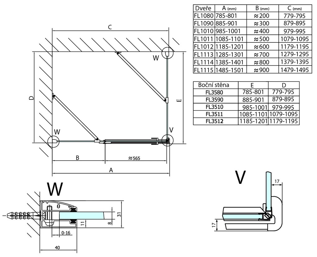 Polysan FORTIS LINE sprchové dveře 1100mm, čiré sklo, levé - FL1011L