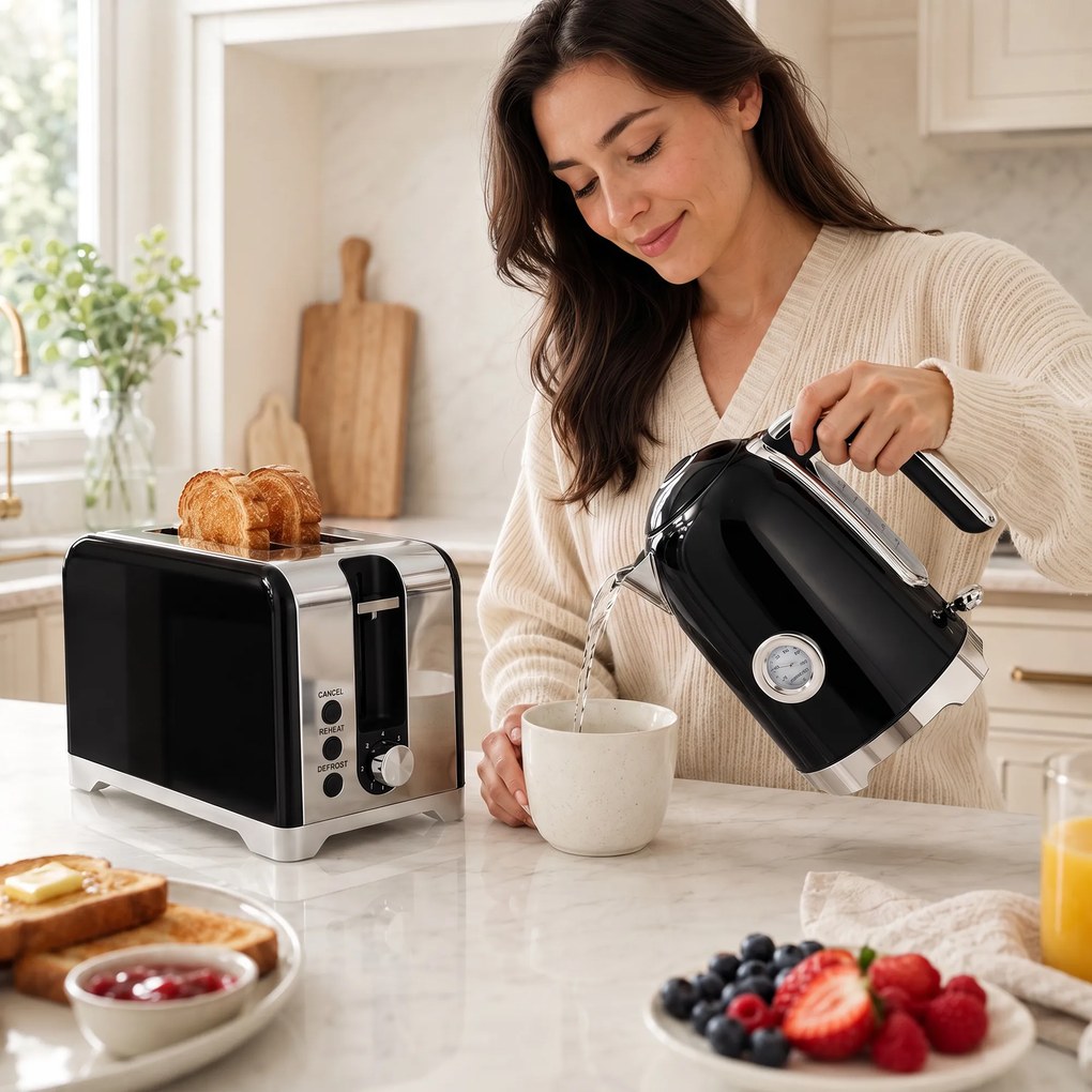 HOMCOM Sada konvice a toustovače s teploměrem, 1,7 l, 2200 W konvice, dvouštěrbinový toustovač se 7 stupni opečení