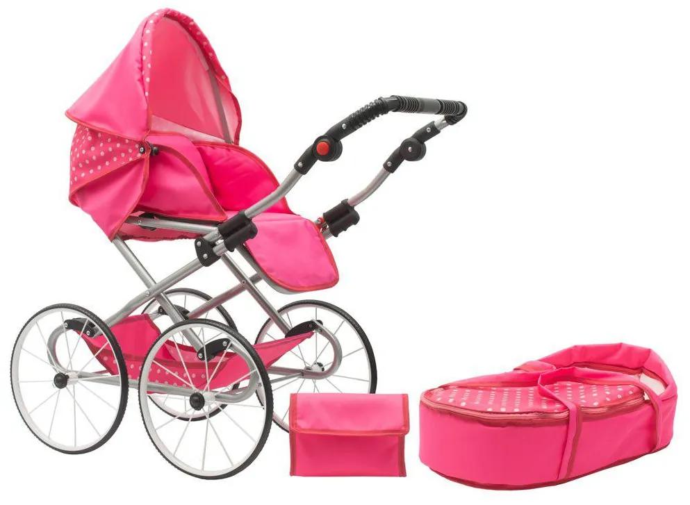 NEW BABY Dětský Retro kočárek pro panenky 2v1 New Baby Anetka růžový s puntíky
