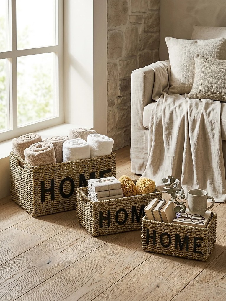 Sinsay - Pletený úložný koš s nápisem Home - béžová